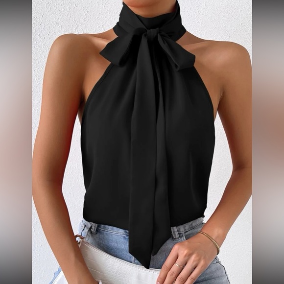 Tops | Black Tie Neck Halter Tank Top | Poshmark